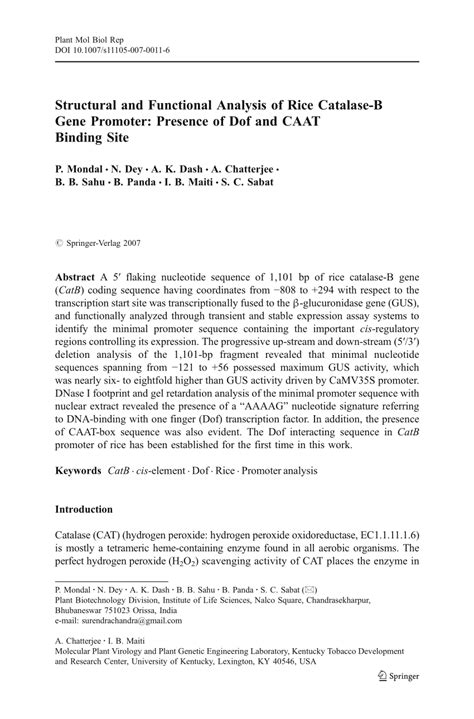Pdf Structural And Functional Analysis Of Rice Catalase B Gene Promoter Presence Of Dof And