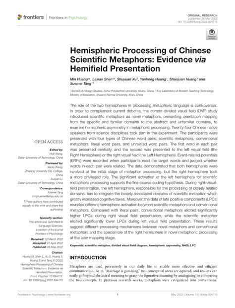 Pdf Hemispheric Processing Of Chinese Scientific Metaphors Evidence Via Hemifield Presentation