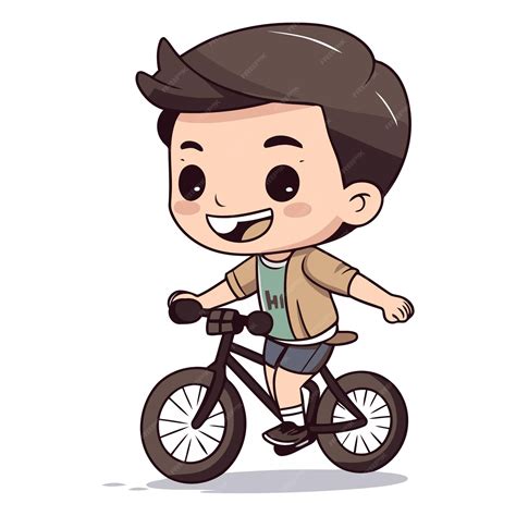Мальчик едет на велосипеде милая мультфильмная векторная иллюстрация Премиум векторы