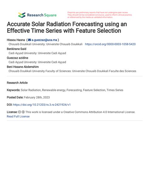 Pdf Accurate Solar Radiation Forecasting Using An Effective Time