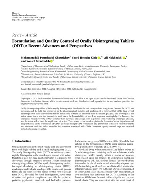 Formulation And Quality Control Of Orally Disintegrating Tablets Pdf