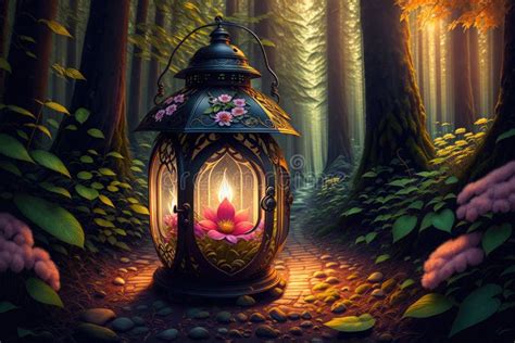 Street Fantasy Lantern In The Forest Lantern In The Shape Of A Flower By Ai Generated Stock