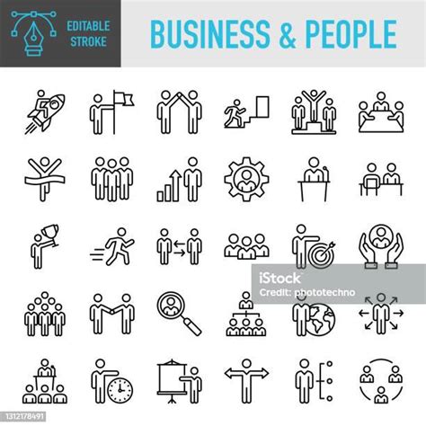 현대 유니버설 비즈니스 및 피플 라인 아이콘 세트 씬 라인 벡터 아이콘 세트 픽셀 완벽 편집 가능한 스트로크 모바일 및 웹용 이 세트에는 비즈니스 사업가 리더십 팀워크 워크