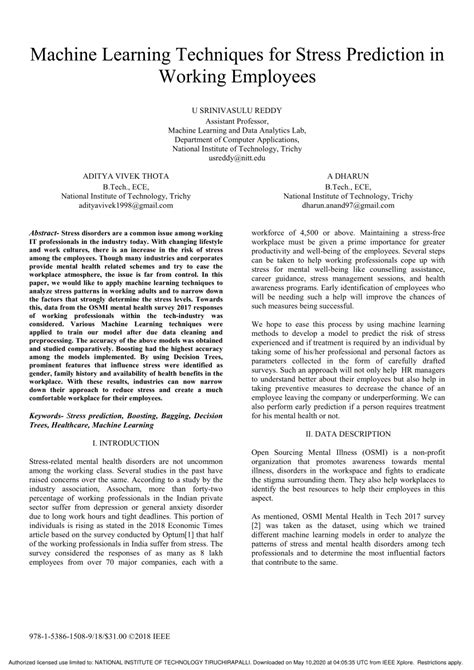 PDF Machine Learning Techniques For Stress Prediction In Working Employees