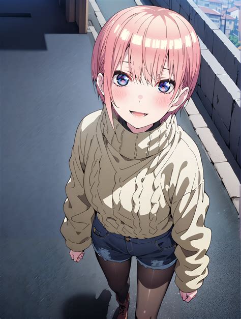 Anime Girl With Pink Hair And Blue Eyes Standing On A Ledge（nakano