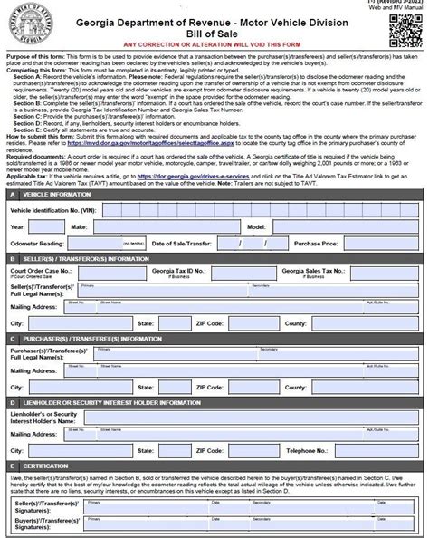 Georgia Bill Of Sale For Vehicle Pdf Free Printable Legal Forms