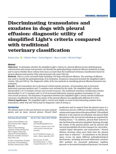 Veterinary Record 2020 Zoia Discriminating Transudates And