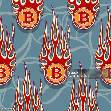 비트 코인 암호화 통화 아이콘과 부족 화재 불꽃 벡터 그래픽 벽지 섬유 및 포장지 디자인의 원활한 패턴 경제에 대한 스톡 벡터 아트 및 기타 이미지 Istock