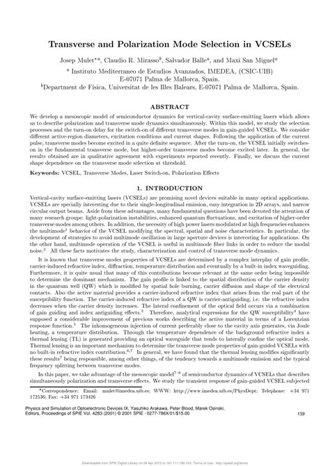 Pdf Transverse And Polarization Mode Selection In Vcsels