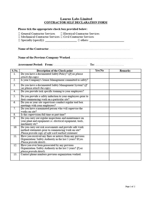 Contractor Self Declaration Form Pdf Safety