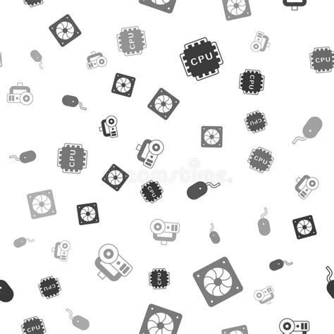 Set Processor With Cpu Computer Cooler Mouse And Web Camera On