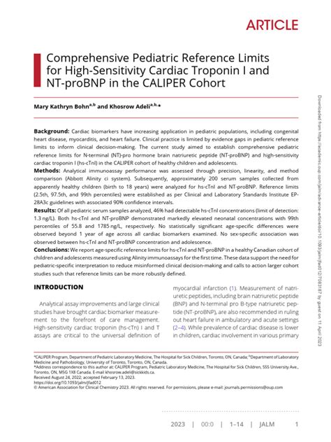 Comprehensive Pediatric Reference Limits For Troponin I And Ntprobnp Pdf Heart Clinical Medicine