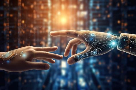 Premium Ai Image View Of A Cyborg Hand Touching A Technology