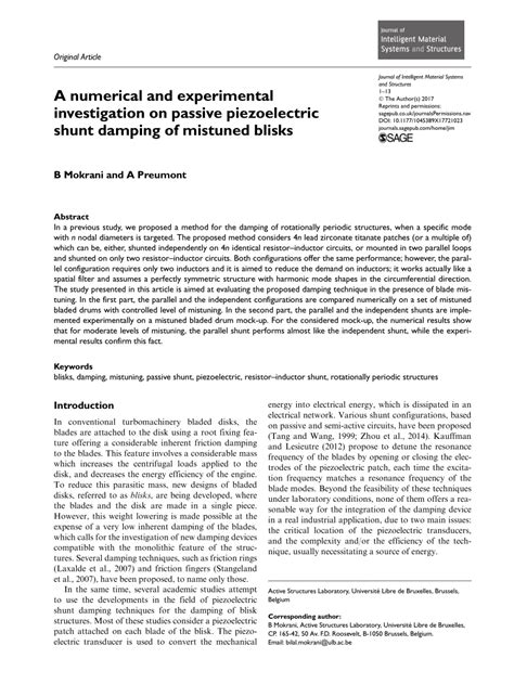 Pdf A Numerical And Experimental Investigation On Passive Piezoelectric Shunt Damping Of