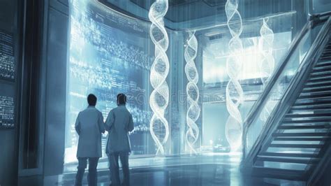 Researchers Analyzing Holographic Dna Models In High Tech Laboratory Examining Complex Genetic