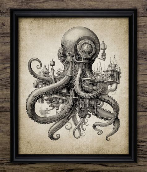 Steampunk Octopus Wall Art Printable Octopus Whimsical Octopus