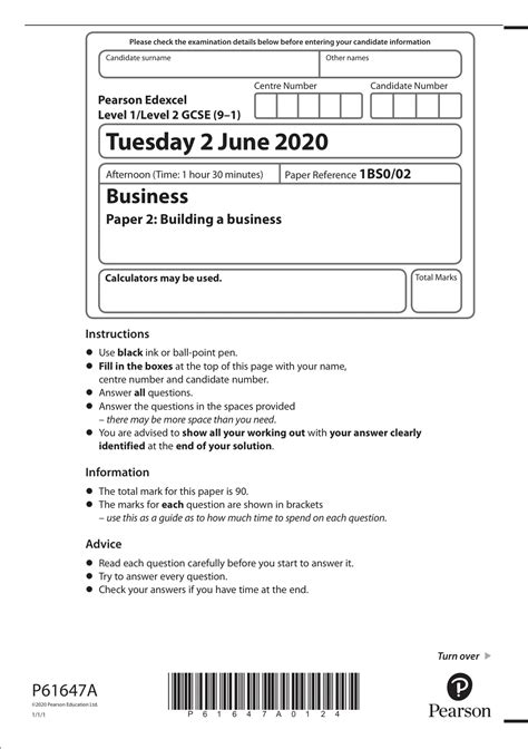 Pearson Edexcel Level 1 Level 2 Gcse 9 1 Paper Reference 1bs0 02business Paper 2 Building A
