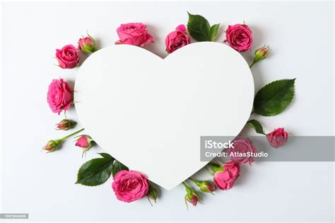 흰색 바탕에 텍스트에 대 한 공간을 가진 아름 다운 핑크 장미와 큰 마음 공란에 대한 스톡 사진 및 기타 이미지 공란 구도 기념일 Istock