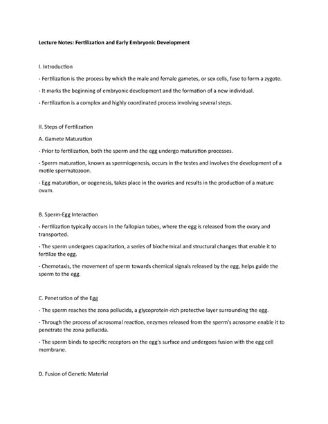Lecture Notes Fertilization And Early Embryonic Development Introduction Fertilization Is The