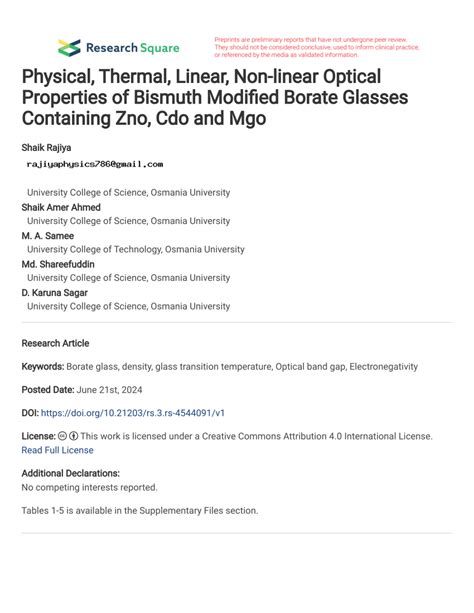 Pdf Physical Thermal Linear Non Linear Optical Properties Of Bismuth Modified Borate