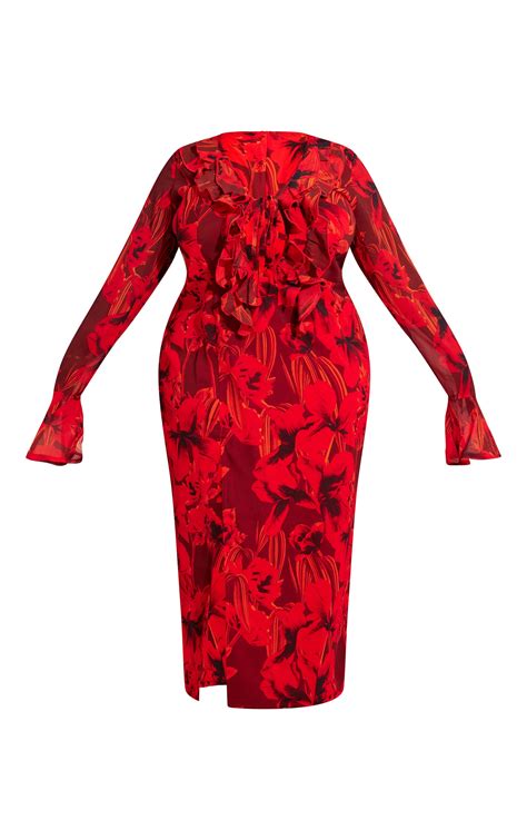 Plus Red Floral Print Chiffon Frill Midi Dress Plus Size