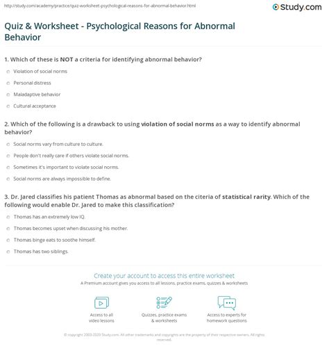 Quiz And Worksheet Psychological Reasons For Abnormal Behavior