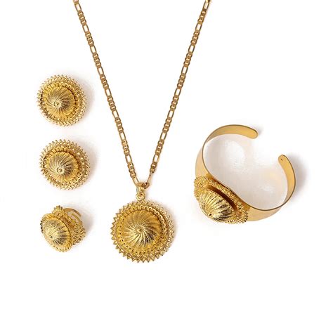 4pcs 골드 두바이 에리트레아 아프리카 반지 팔찌 귀걸이 체인 펜던트 목걸이 민족 에티오피아 여성을위한 여자 신부 보석 세트신부 쥬얼리 세트 Aliexpress