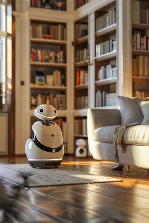 Modern Autonomous Service Robot In Cozy Home Library Interior With Sunlight Stock Illustration