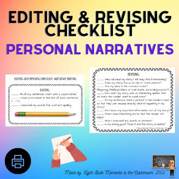 Editing And Revising Checklist Personal Narratives TPT