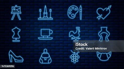 세트 라인 크루아상 개구리 다리 팔레트가있는 페인트 브러시 커피 컵 마네킹 이젤 또는 그림 아트 보드 수탉 날씨 베인 및 콩코드 광장 아이콘 벡터 공란에 대한 스톡 벡터