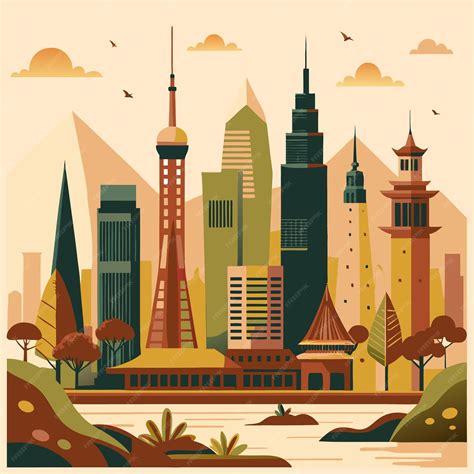 a stylized city skyline with diverse architectural structures premium