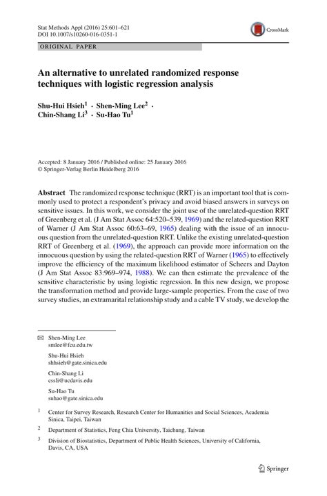 Pdf An Alternative To Unrelated Randomized Response Techniques With Logistic Regression Analysis