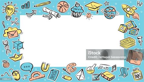 파란색 배경에 낙서 요소가 있는 유치원 또는 초등학교 학년의 어린이와 어린이를 위한 다채로운 학교 및 유치원 졸업장 증명서 트렌디 한 학교 포스터 학교로 돌아 가기 연구
