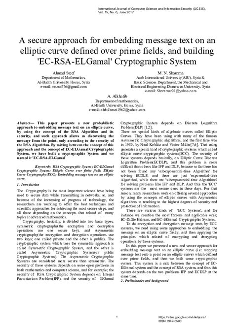 pdf a secure approach for embedding message text on an elliptic curve