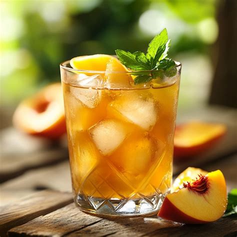 A Glass Of Peach Iced Tea With Fresh Peach Slices And Mint Premium Ai Generated Image
