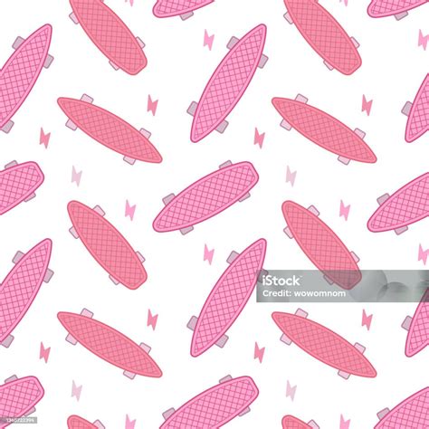 만화 스케이트 보드와 스케이트 보드 원활한 패턴 번개와 핑크 페니 스케이트 보드의 벡터 소녀 일러스트 플랫 스타일 스케이트 배경