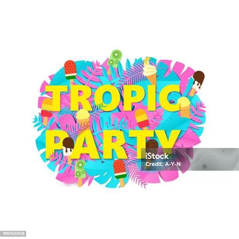 창의적인 핑크 블루 정글 단어 트로픽 파티 구성 고 종이에 흰색 바탕에 아이스크림 컷 스타일 열 대 잎 노란색 디자인 전단지 편지 T셔츠 인쇄 벡터 카드 0명에 대한 스톡