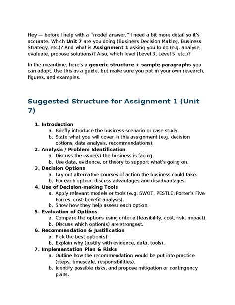 Unit 7 Assignment 1 Model Answer Business Decision Making Guide Studocu