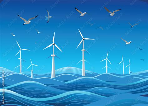 Vector De Stock Create A Detailed Vector Illustration Of An Offshore Wind Farm Showcasing
