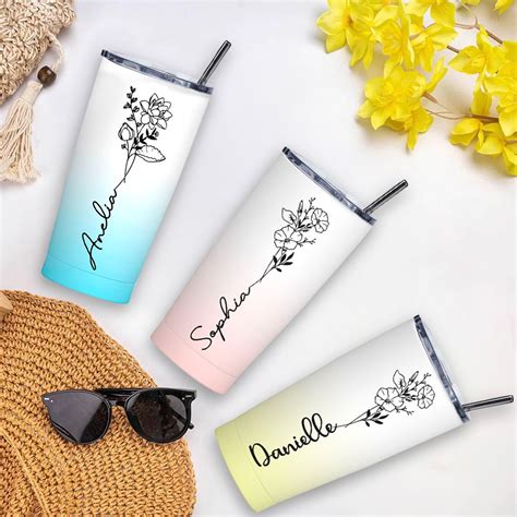 Personalized Birth Flower Gradient Tumbler With Name 20oz Stainless