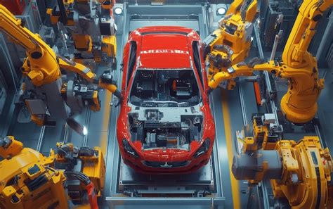Assembly Line Red Car Being Assembled By Robotic Arms Premium Ai