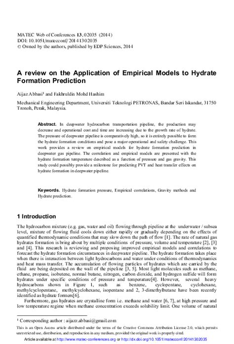 A Review On The Application Of Empirical Models To Hydrate Formation