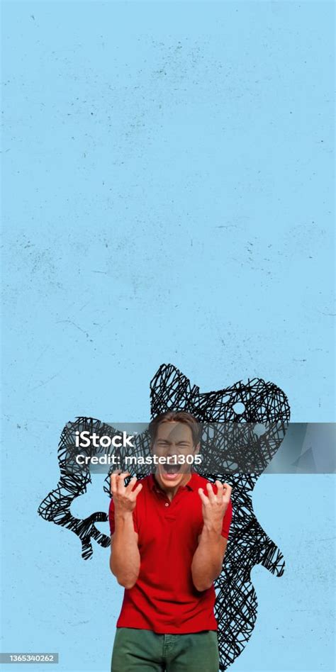 화가 난 청년은 자신의 내부 문제로 어려움을 겪고 있다 초현실주의 현대 미술 콜라주 현대적인 디자인 영감 아이디어 트렌디 한