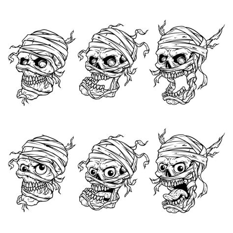 Vector Set Of Mummy Skulls In Black And White Colors And Wearing