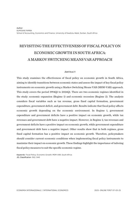 Pdf Revisiting The Effectiveness Of Fiscal Policy On Economic Growth In South Africa A Markov