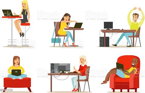 랩톱 컴퓨터 세트를 사용하는 사람들 젊은 남성과 여성 작업 통신 및 시간을 보내는 온라인 벡터 일러스트 개념에 대한 스톡 벡터 아트 및 기타 이미지 Istock