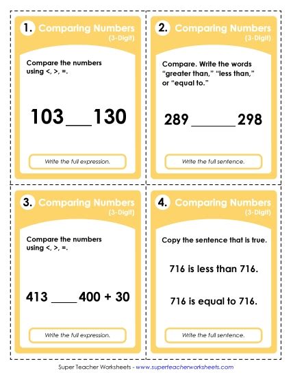 Task Cards Comparing Printable Place Value Cards Greater Than Less