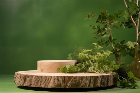 Premium Ai Image Two Circle Wood Podiums In Tropical Green Backgrounf For A Product Presentation