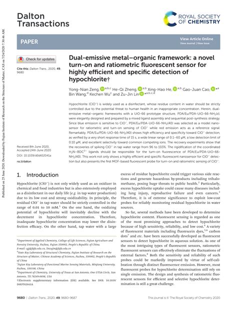 Pdf Dual Emissive Metal Organic Framework A Novel Turn On And Ratiometric Fluorescent Sensor