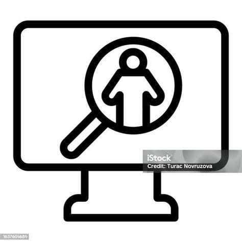 직원 라인 아이콘에 대한 온라인 검색 사람과 돋보기 기호가 있는 모니터 흰색 배경에 윤곽선 스타일 픽토그램 팀웍 사인 모바일 개념 웹 디자인 벡터 그래픽 개념에 대한 스톡